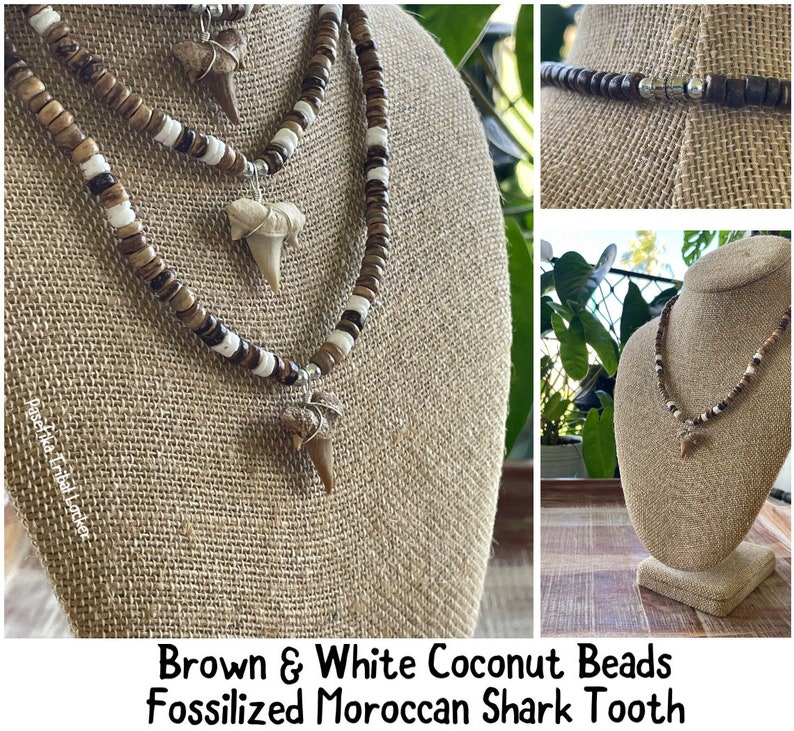 Authentic Mako & Fossilized Moroccan Shark Tooth Necklaces on Coconut ...