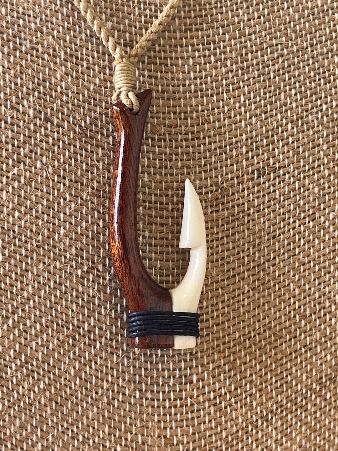 Hand Carved Koa Wood & Buffalo Bone Makau Necklace – Polynesian Fish ...