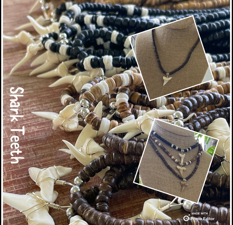 Authentic Mako & Fossilized Moroccan Shark Tooth Necklaces on Coconut ...