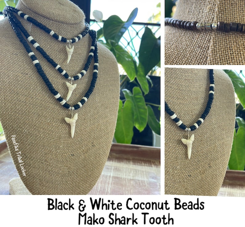 Authentic Mako & Fossilized Moroccan Shark Tooth Necklaces on Coconut ...