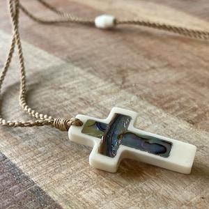 Christian Bone and Abalone Shell Cross Adjustable Necklace Polynesian ...