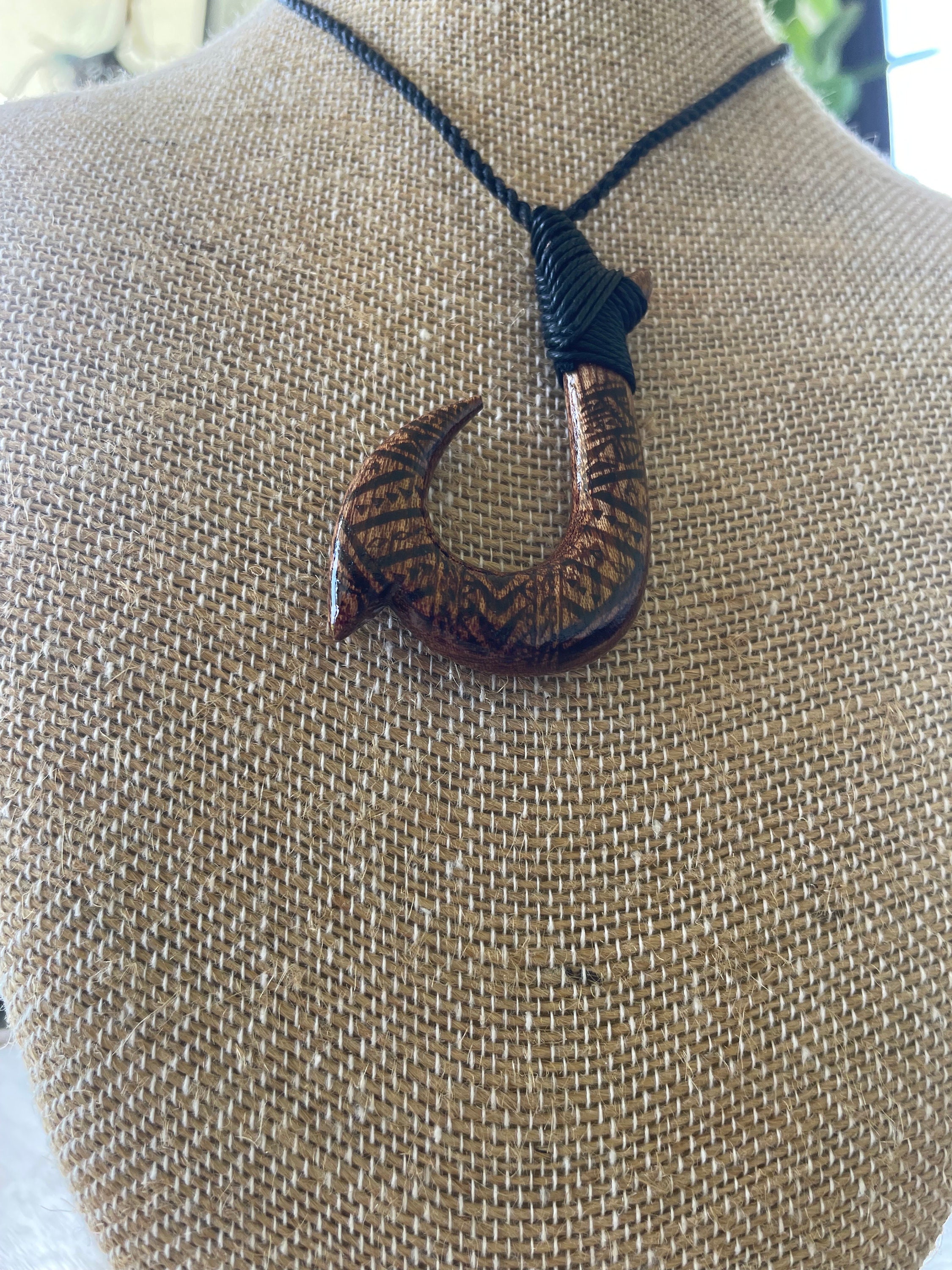 Handsomely Hand Carved Koa Wood Hawaiian Makau (fish Hook) Necklace ...