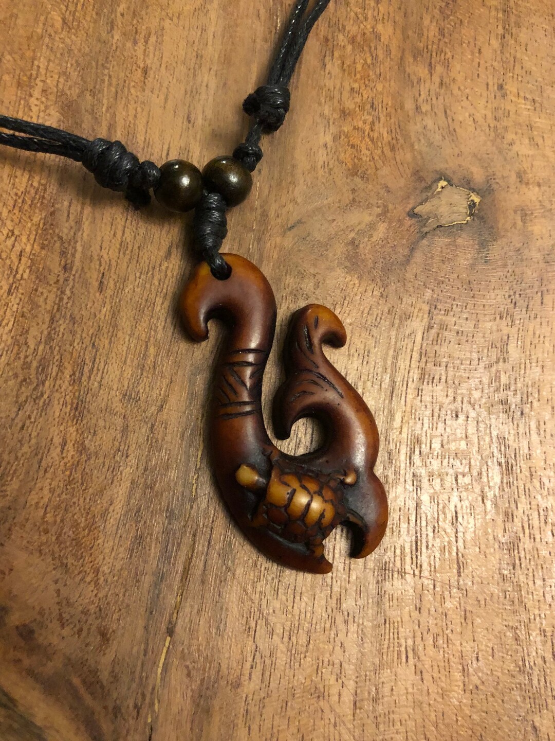 Polynesian Fish Hook Necklace, Buffalo Bone & Resin Honu Turtle Pendant ...