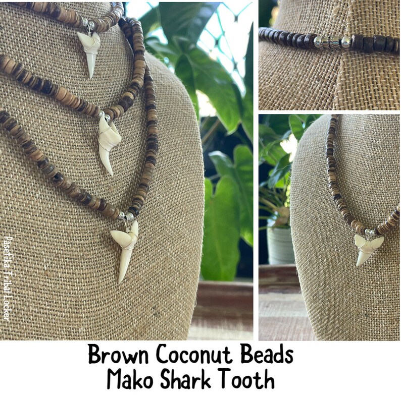 Authentic Mako & Fossilized Moroccan Shark Tooth Necklaces on Coconut ...