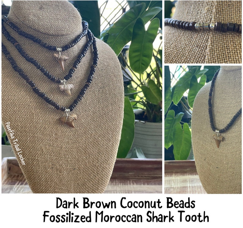 Authentic Mako & Fossilized Moroccan Shark Tooth Necklaces on Coconut ...