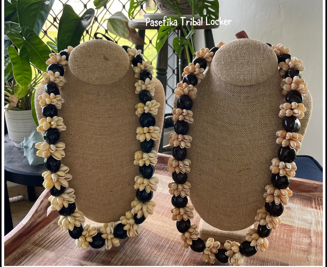 30” Authentic Kukui Nut & Cowerie Shell Necklaces W/ Ribbon Ties ...