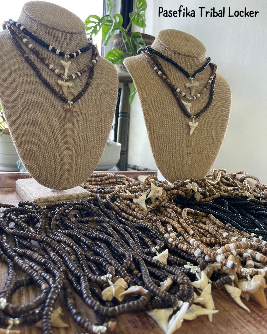 Authentic Mako & Fossilized Moroccan Shark Tooth Necklaces on Coconut ...