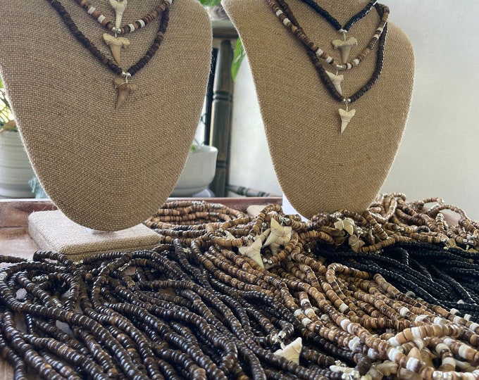 Authentic Mako & Fossilized Moroccan Shark Tooth Necklaces on Coconut ...