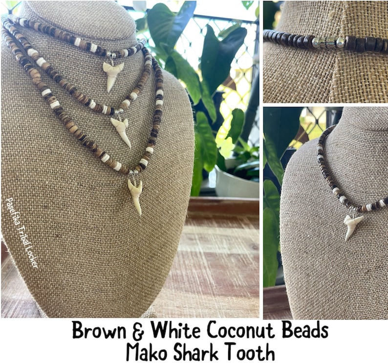 Authentic Mako & Fossilized Moroccan Shark Tooth Necklaces on Coconut ...