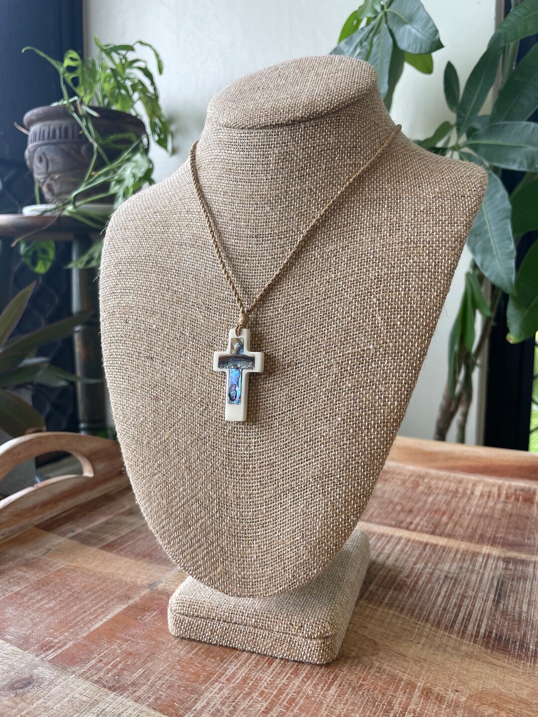 Christian Bone and Abalone Shell Cross Adjustable Necklace Polynesian ...
