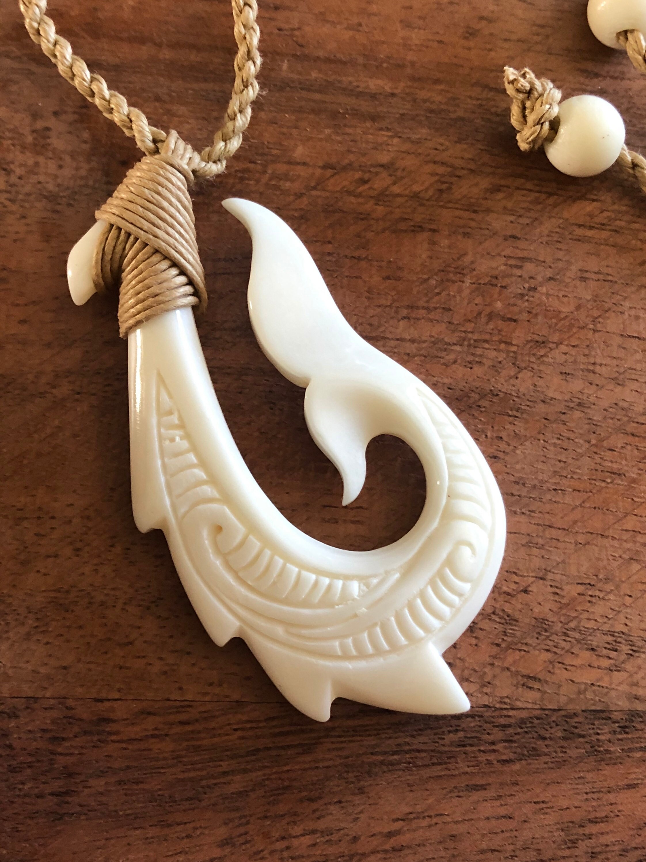 Hand Carved Buffalo Bone Makau Necklace: Adjustable Boho Surfer Jewelry ...