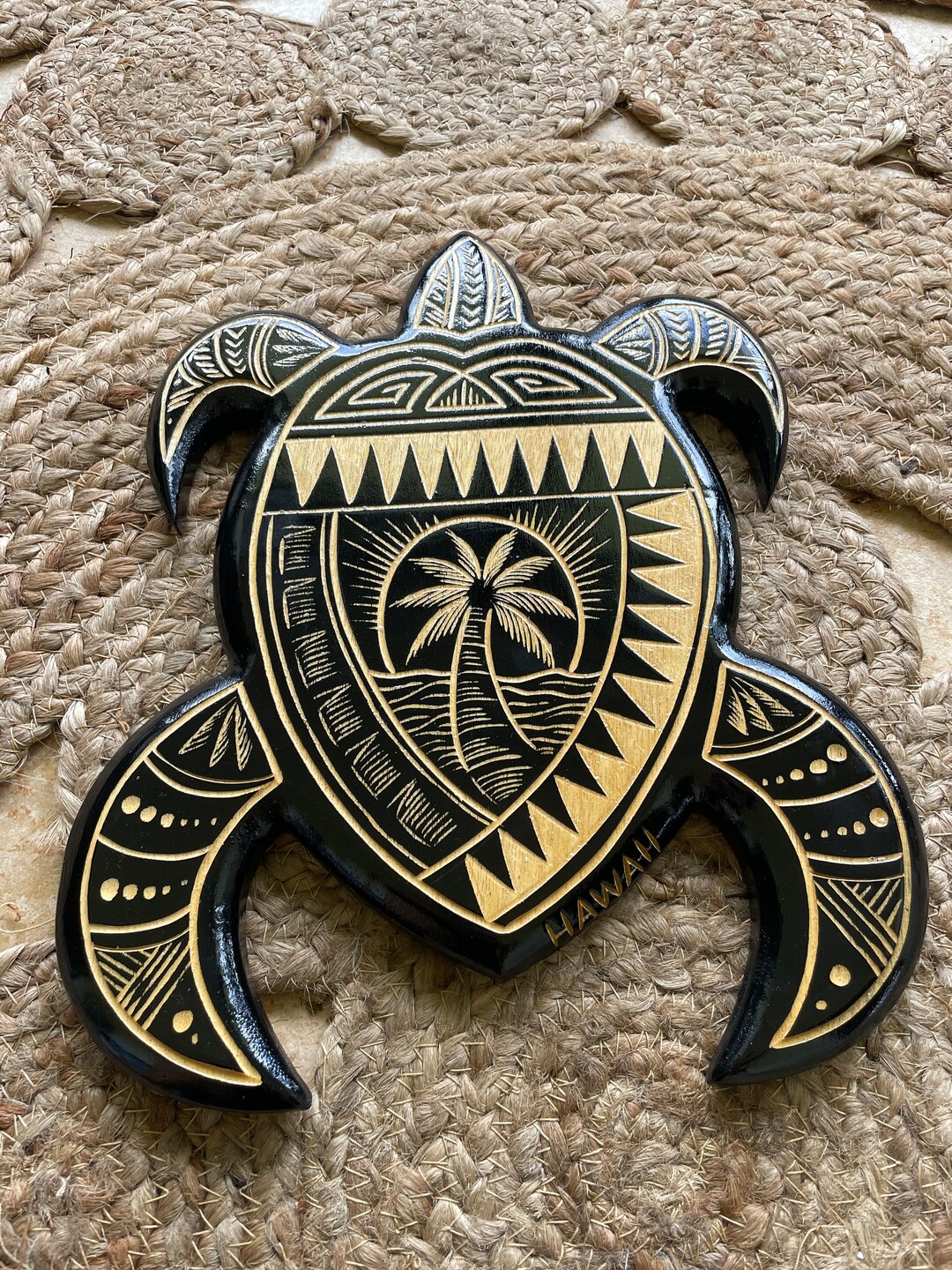 Handsomely Hand Carved Sea Turtle Plaque With Palm or Coconut Tree ...
