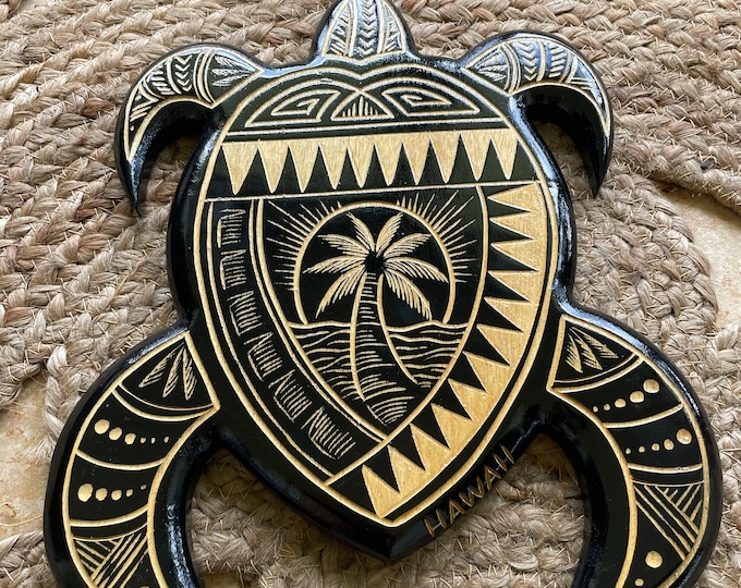 Handsomely Hand Carved Sea Turtle Plaque With Palm or Coconut Tree ...
