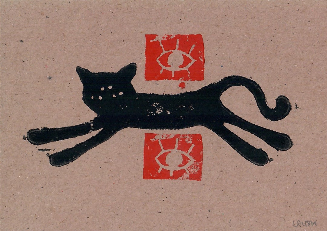 Whimsical Eye Cat Linocut Print Old Pink/black/red - Etsy