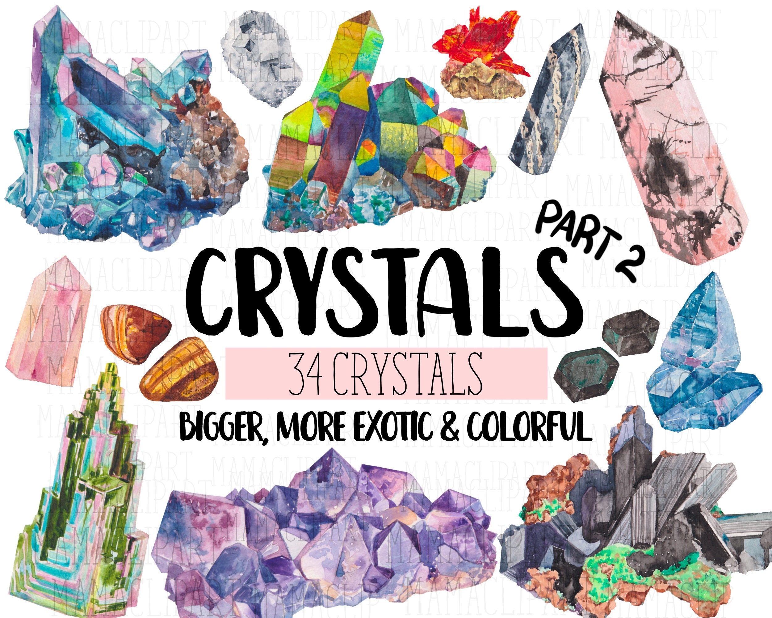 Crystals (part 2) Watercolor Clipart COMMERCIAL | 34 Gemstones Clip Art ...