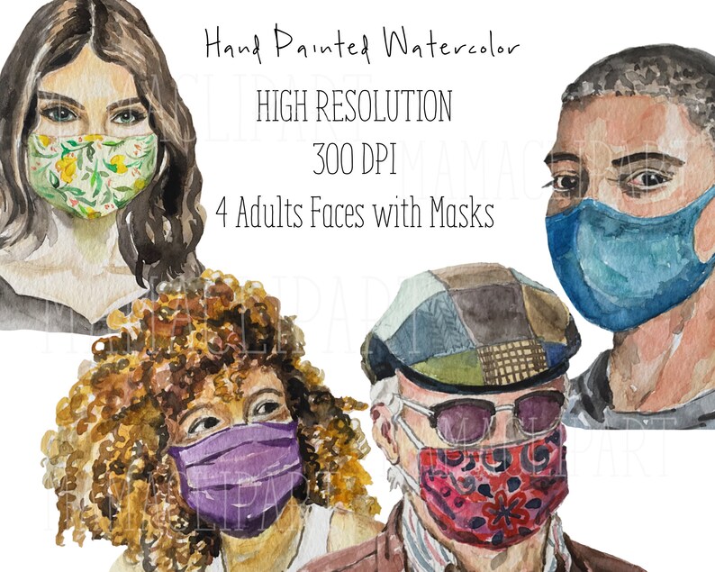 10 Watercolor Mask Faces Clip Art COMMERCIAL - Faces With Masks Clipart ...