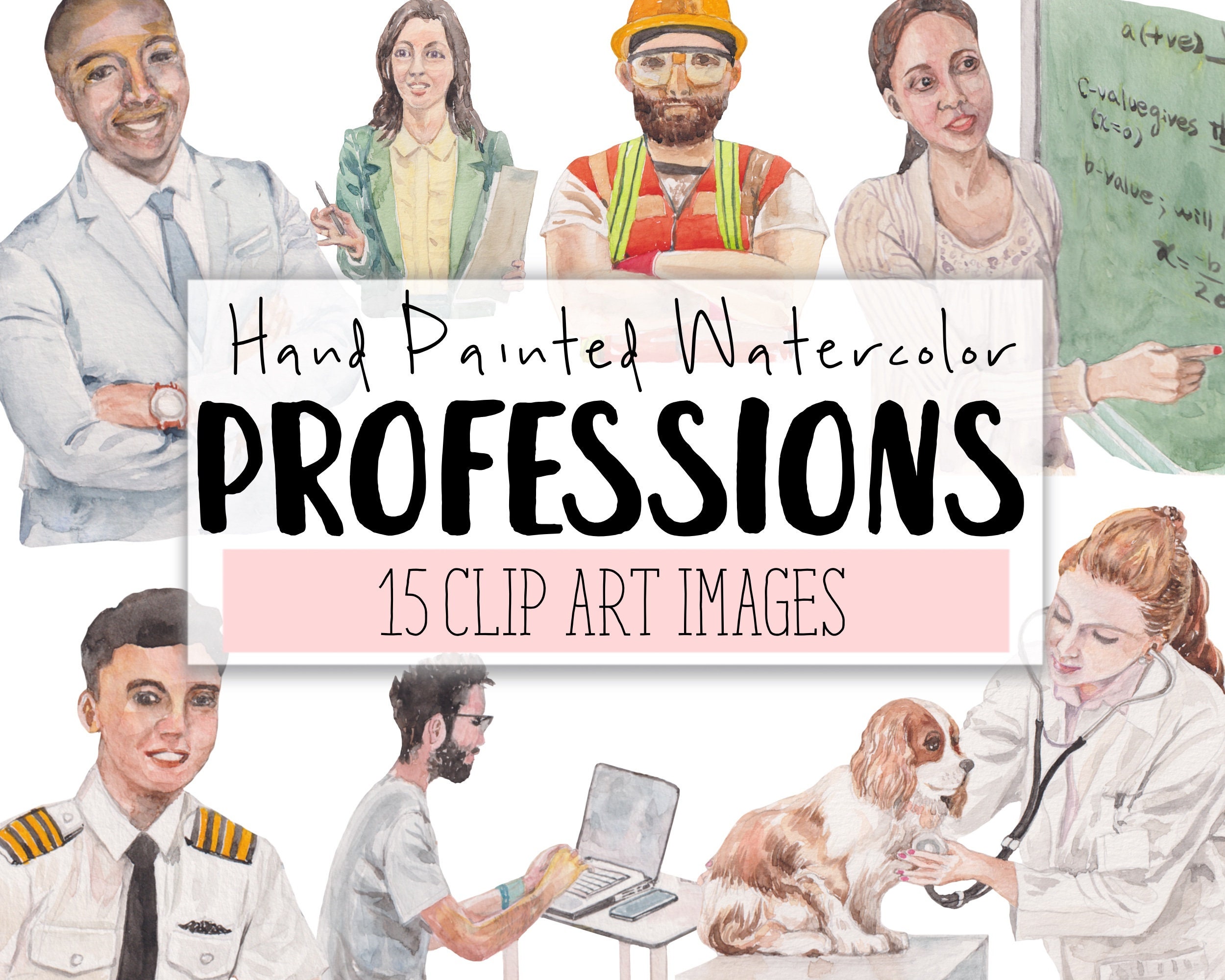 Careers, Jobs Watercolor Clipart COMMERCIAL 15 Professions Clip Art ...
