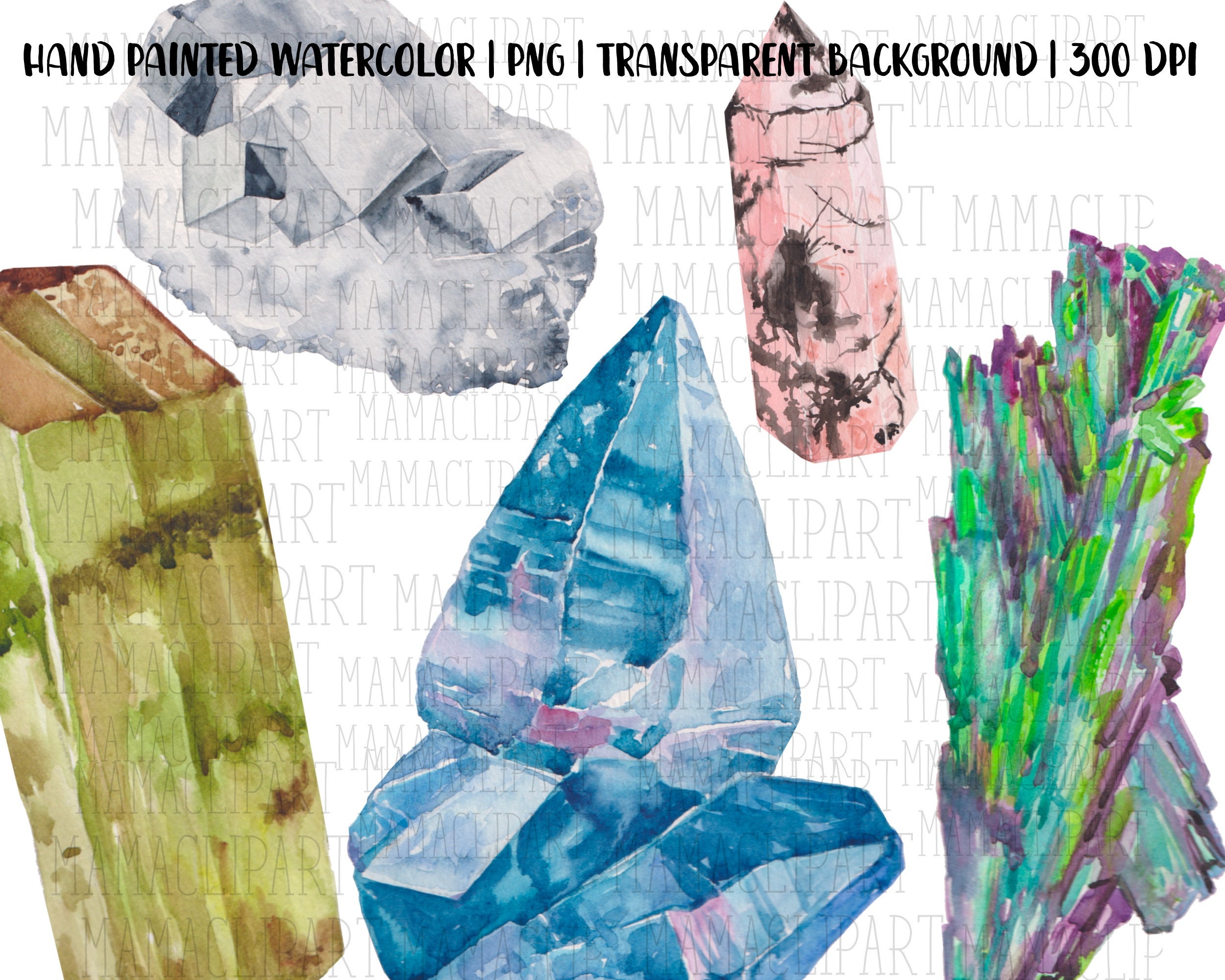 Crystals (part 2) Watercolor Clipart COMMERCIAL | 34 Gemstones Clip Art ...