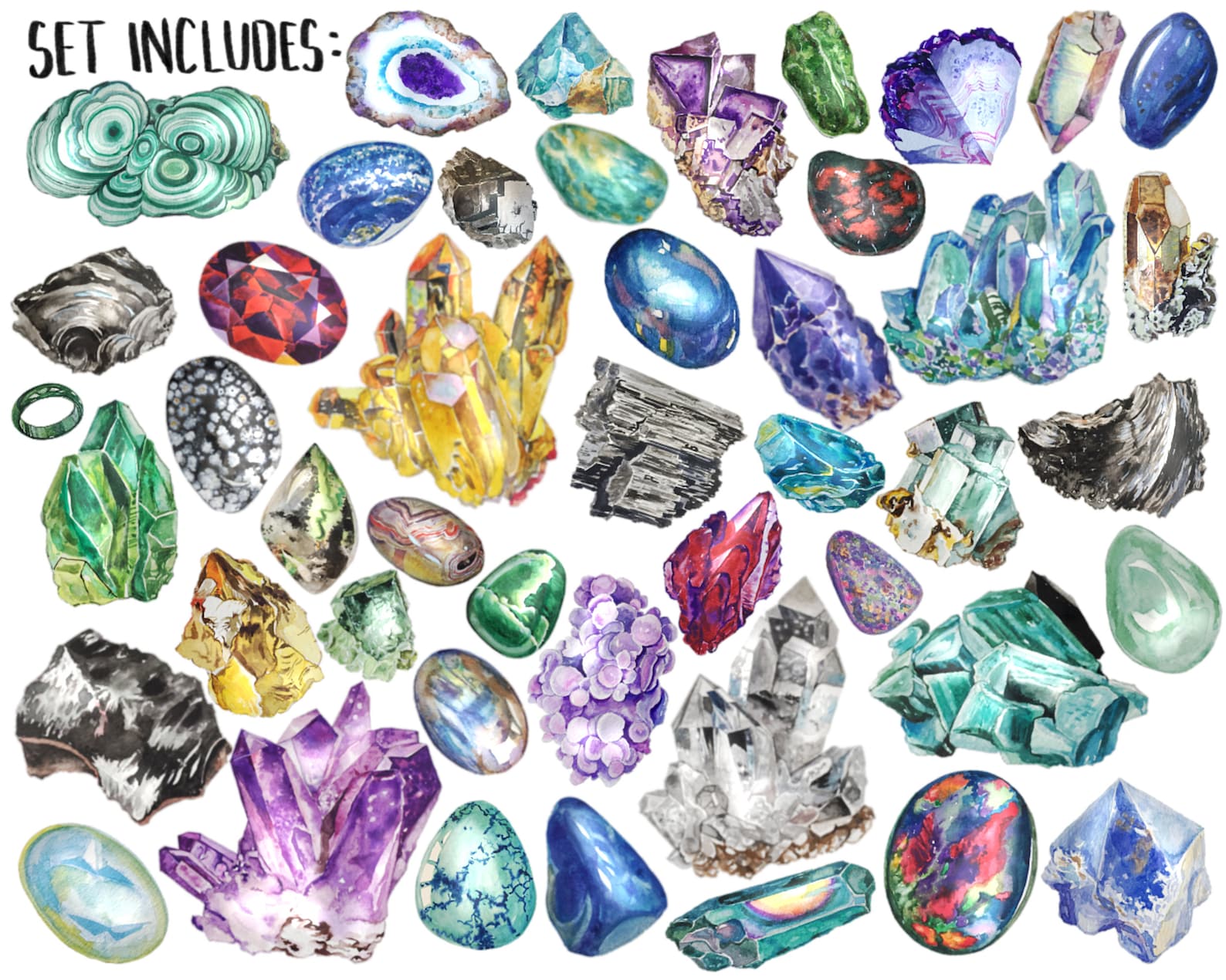 Crystals Watercolor Clipart COMMERCIAL 46 Gemstones Clip Art - Etsy