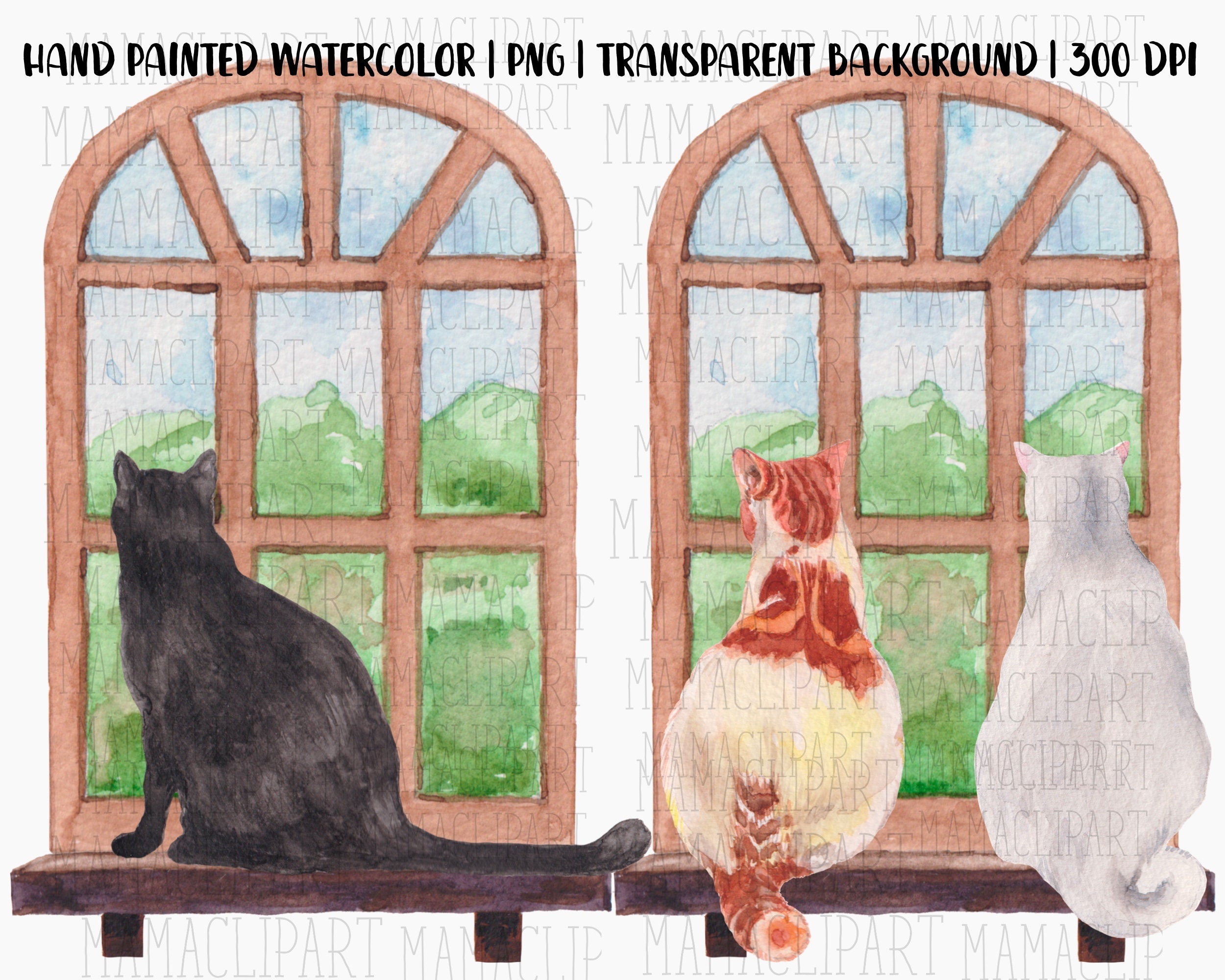 Customizable Clipart Cats Windows Watercolor COMMERCIAL 15 - Etsy Canada