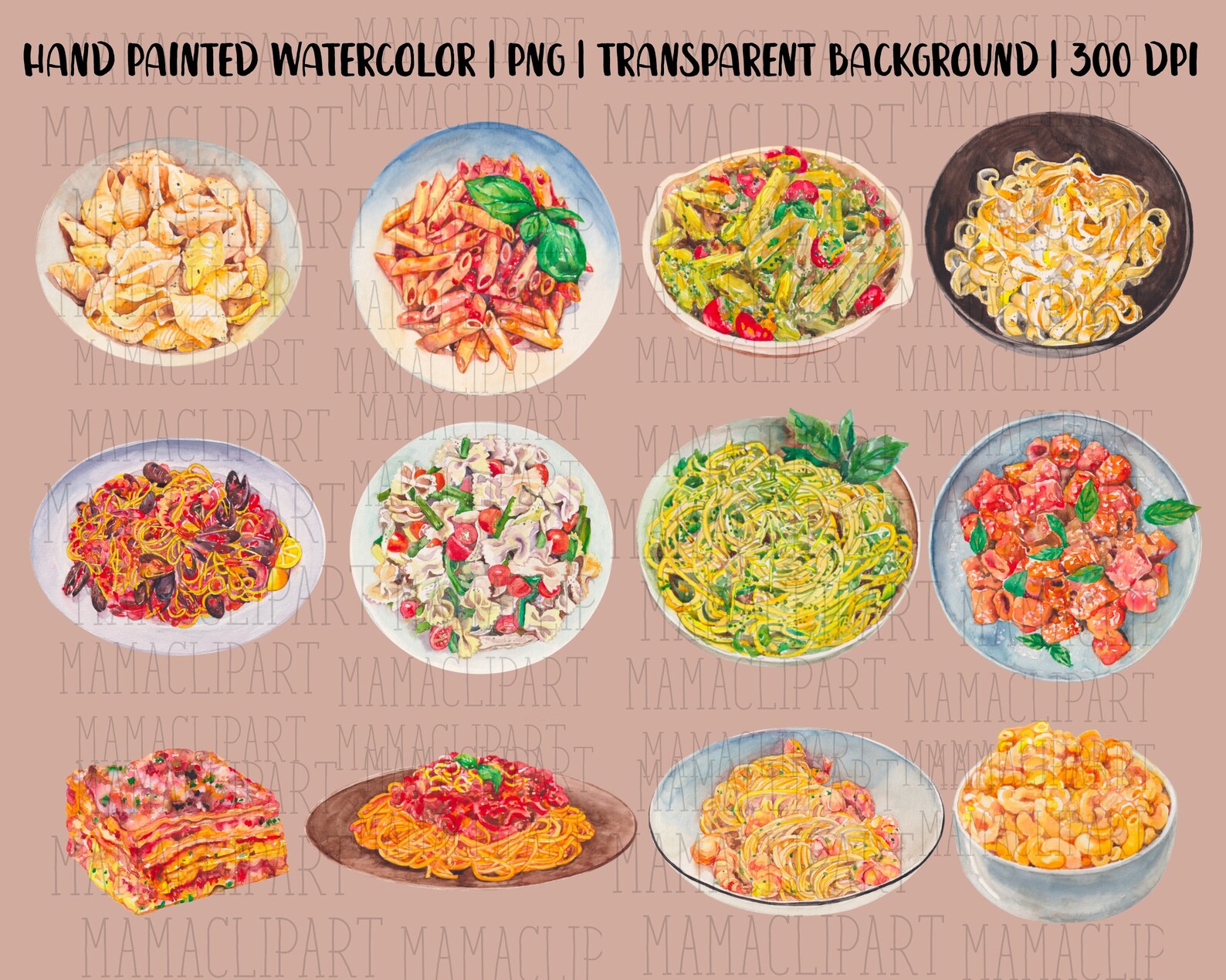 Pasta Watercolor Hand-painted Clipart COMMERCIAL 12 Pasta - Etsy
