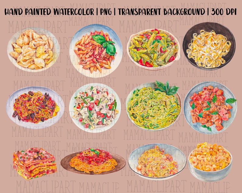 Pasta Watercolor Hand-painted Clipart COMMERCIAL 12 Pasta - Etsy