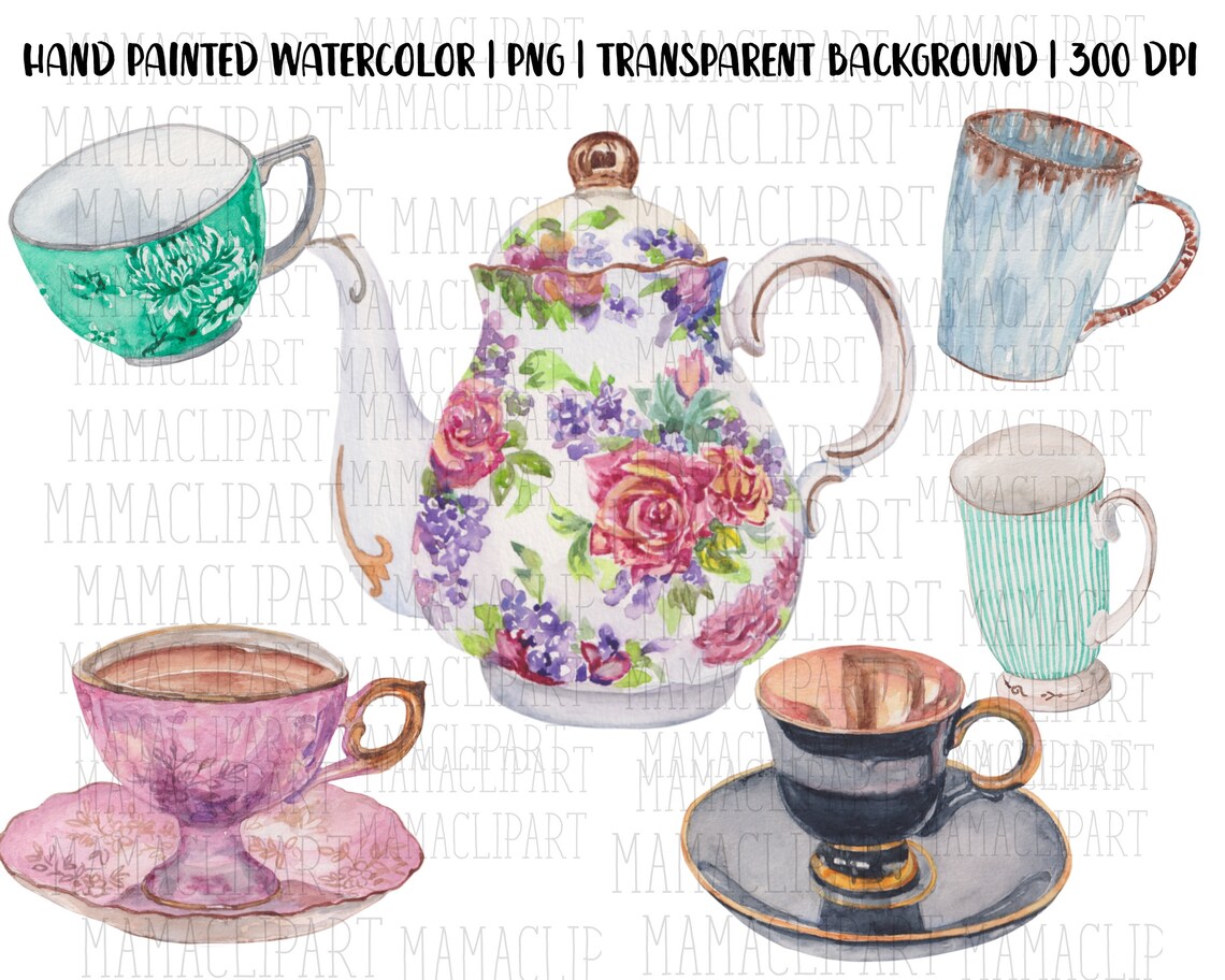 Tea Cups Watercolor Clipart COMMERCIAL USE 29 Teacups | Etsy
