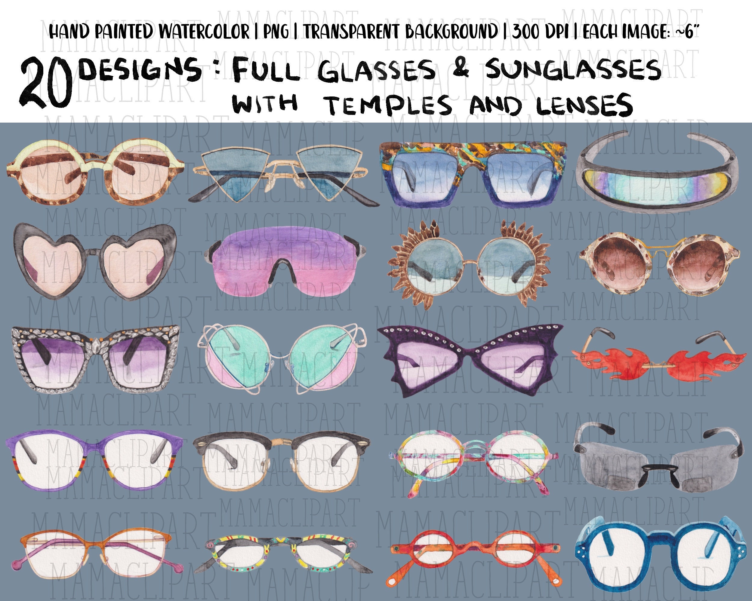 Glasses & Sunglasses Watercolor Clipart COMMERCIAL | 20 Designs +20 ...