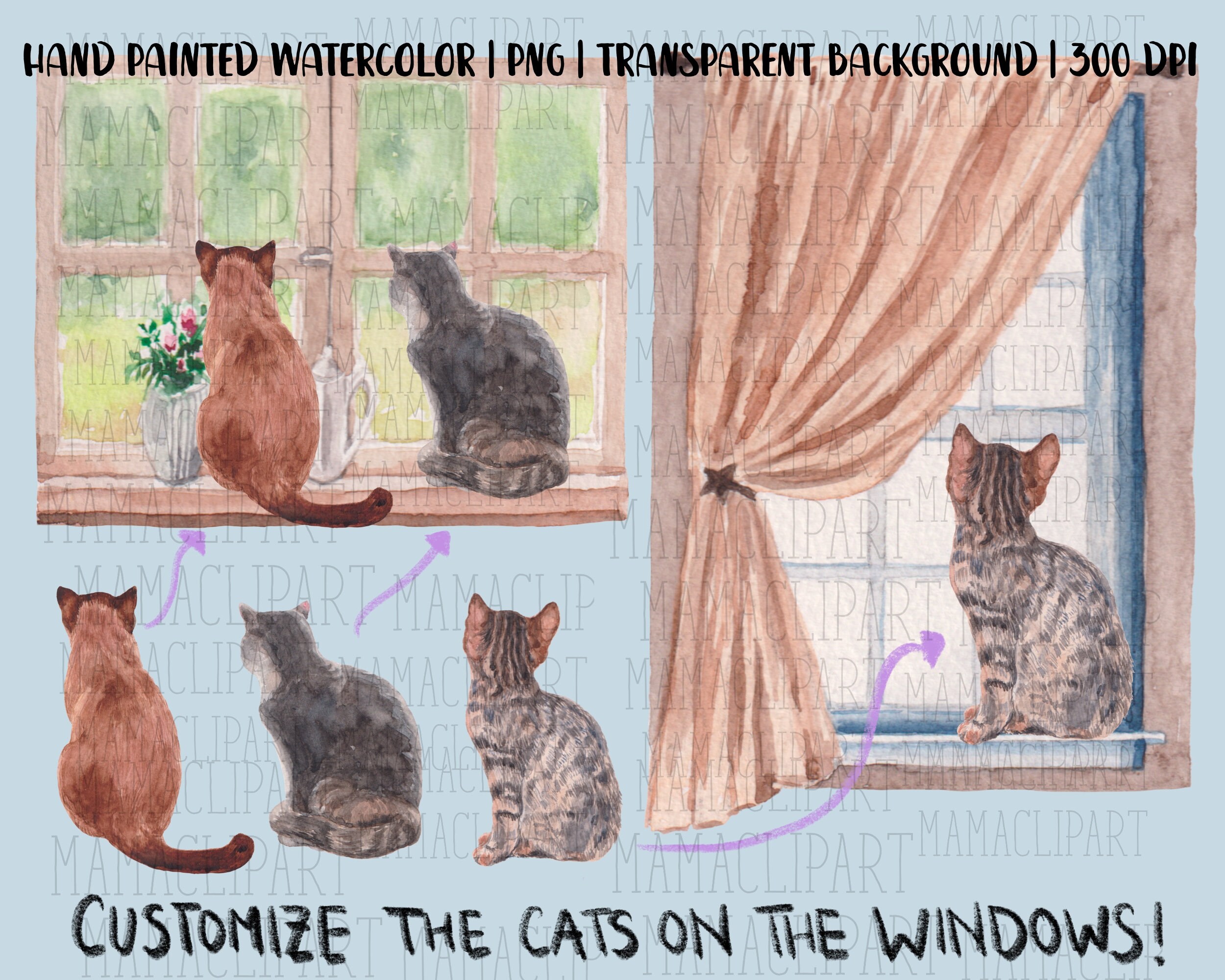 Customizable Clipart Cats + Windows Watercolor COMMERCIAL | 15 Clip Art ...