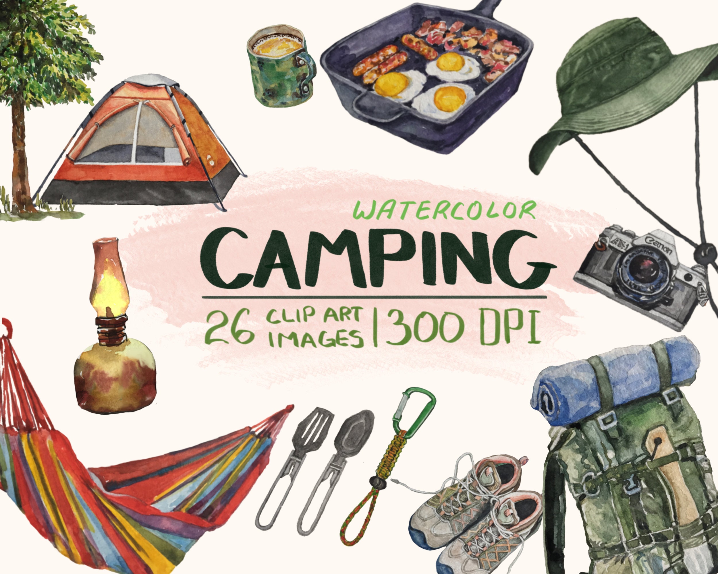 Camping Watercolor Clipart COMMERCIAL - 26 Camping Clip Art Images PNG ...