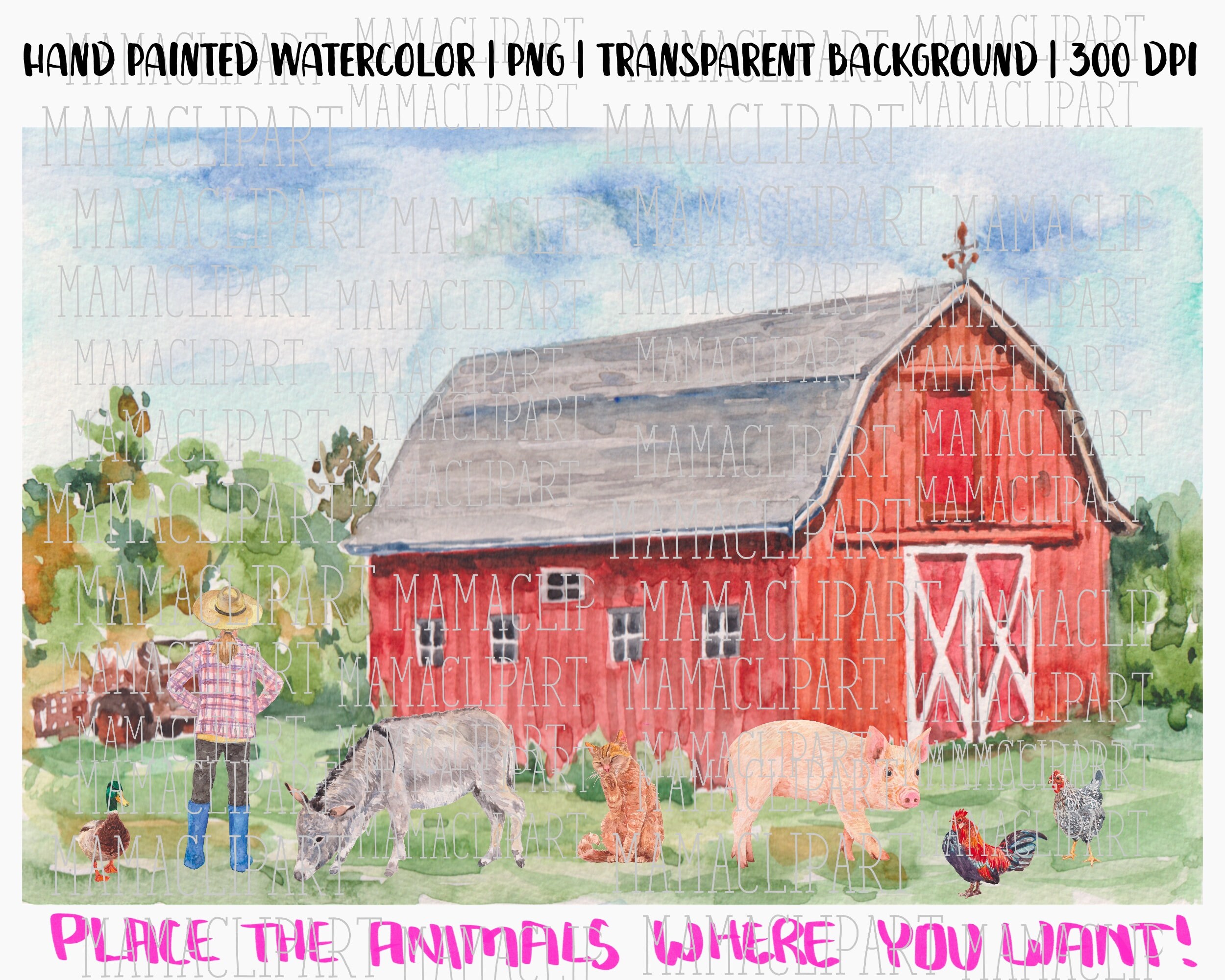BARN ANIMALS Watercolor Clipart COMMERCIAL | 22 Farm Animals & Scene ...