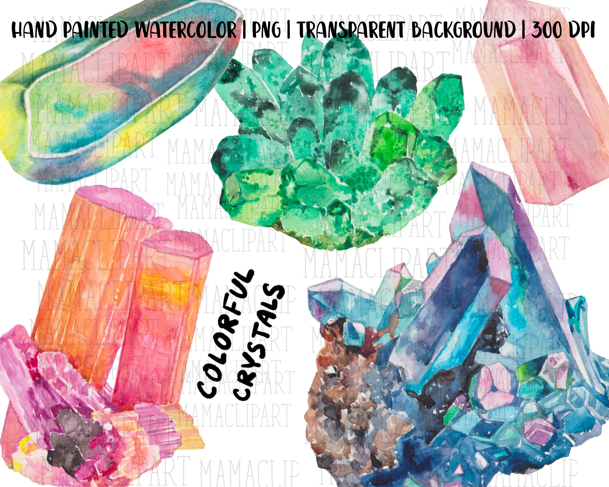 Crystals part 2 Watercolor Clipart COMMERCIAL 34 Gemstones Clip Art ...