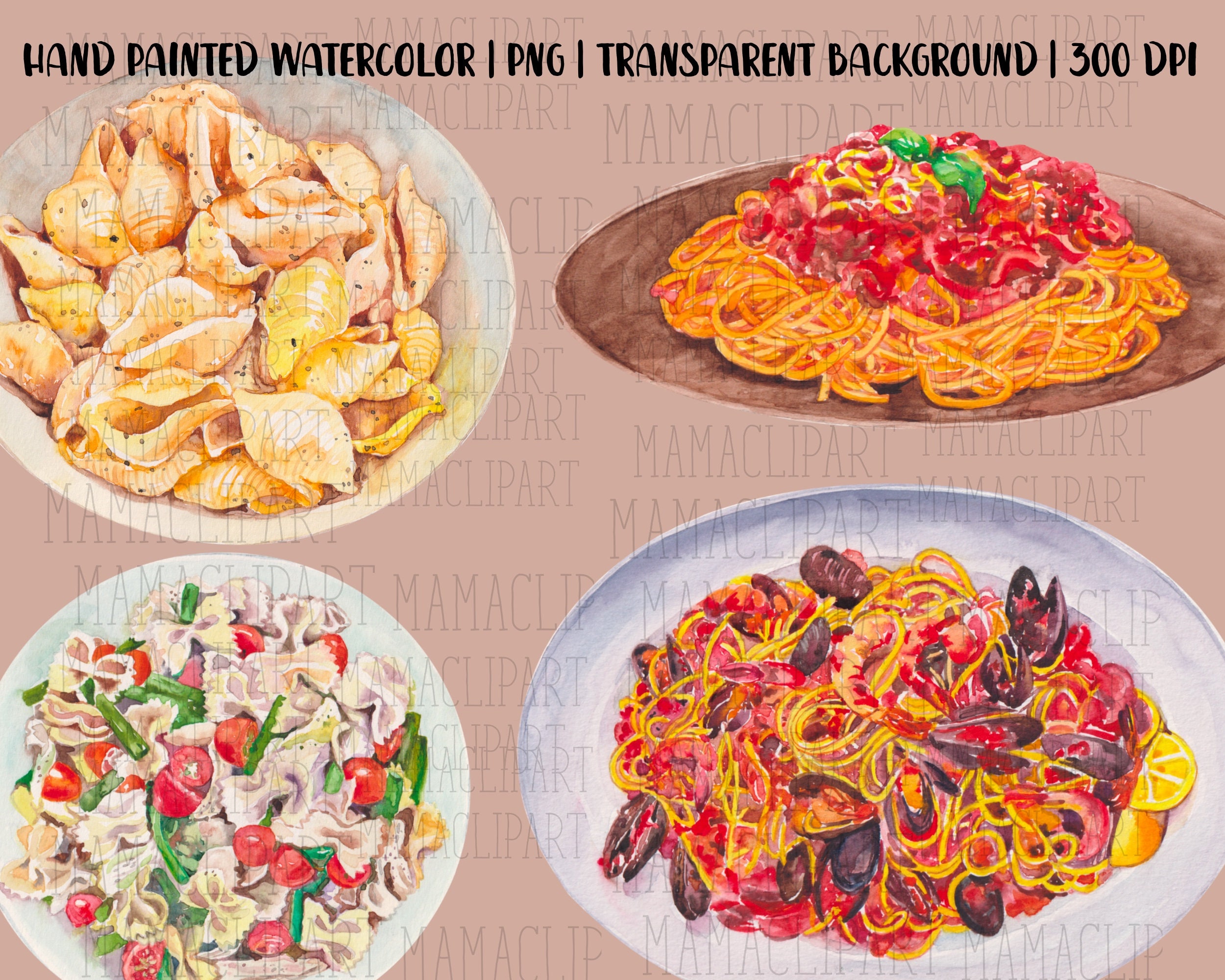 Pasta Watercolor Hand-painted Clipart COMMERCIAL 12 Pasta - Etsy
