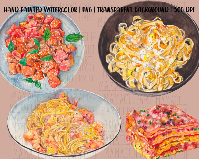 Pasta Watercolor Hand-painted Clipart COMMERCIAL 12 Pasta - Etsy