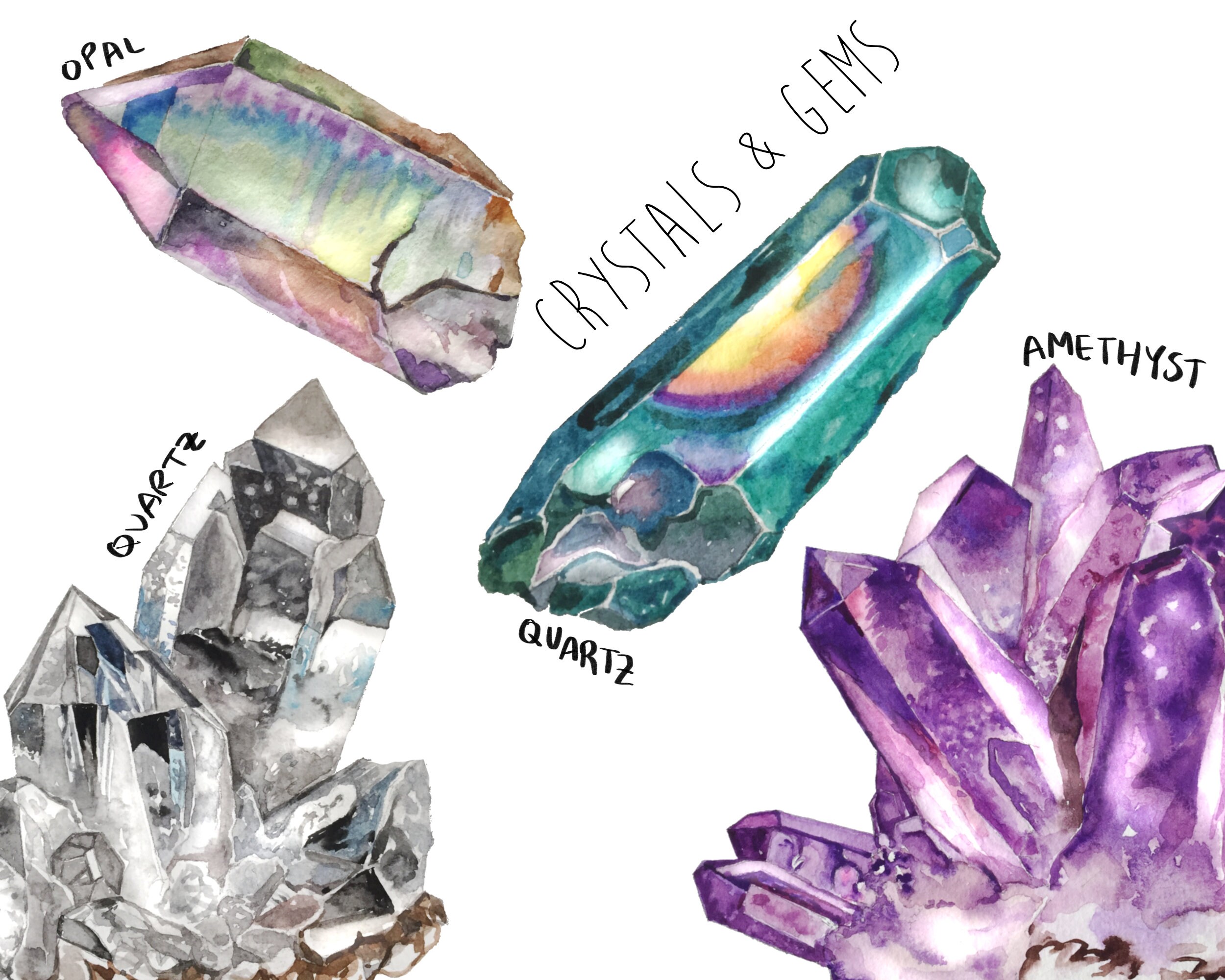 Crystals Watercolor Clipart COMMERCIAL | 46 Gemstones Clip Art Crystals ...