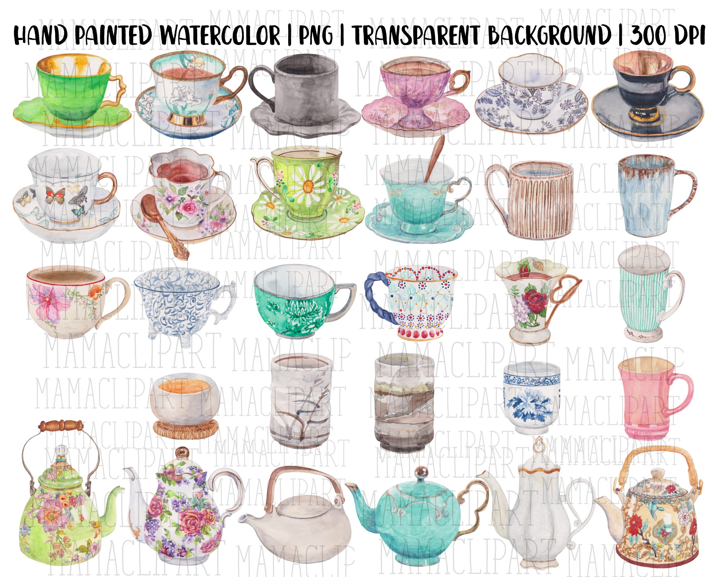 Tea Cups Watercolor Clipart COMMERCIAL USE 29 Teacups | Etsy