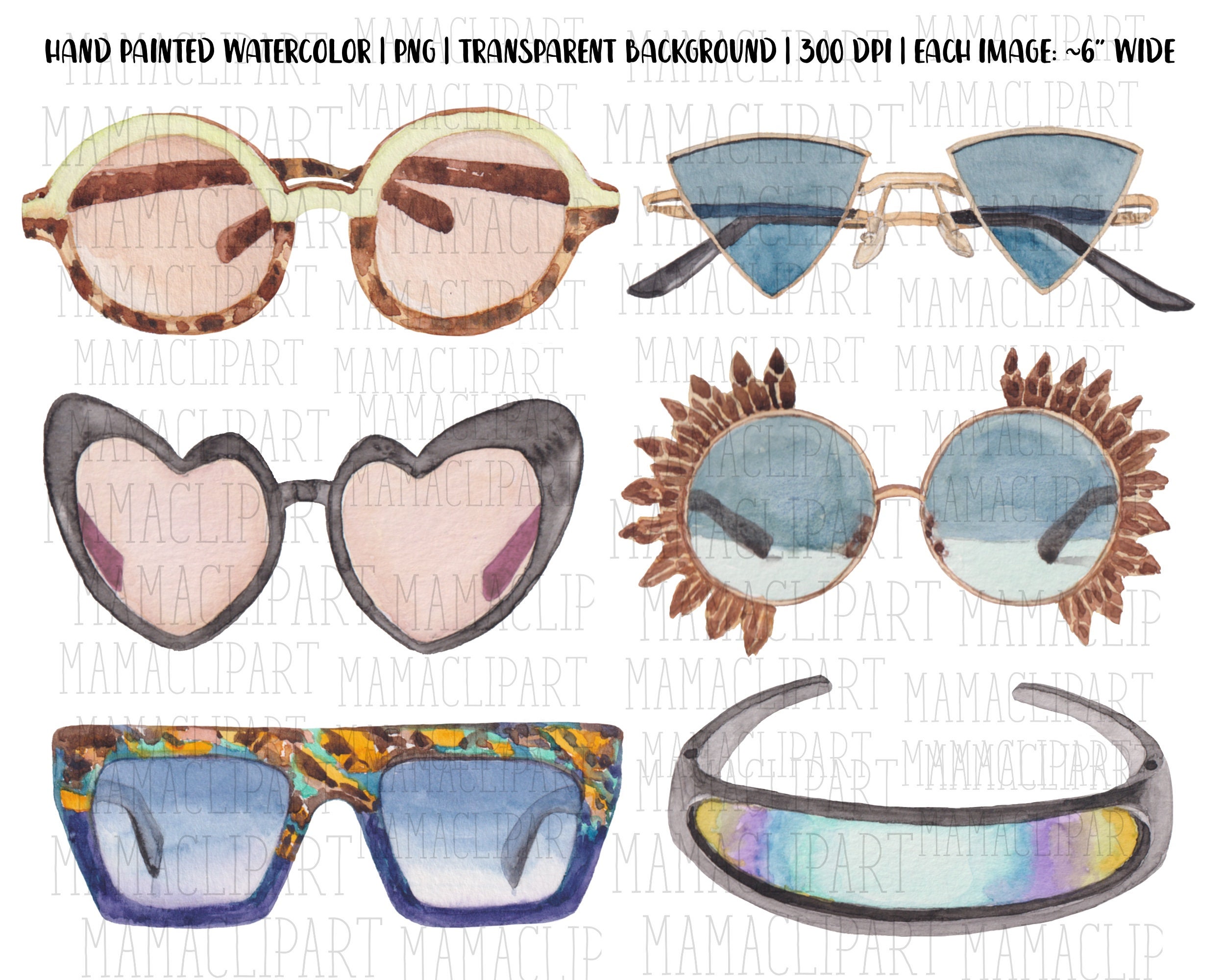 Glasses & Sunglasses Watercolor Clipart COMMERCIAL 20 Designs 20 Bonus ...