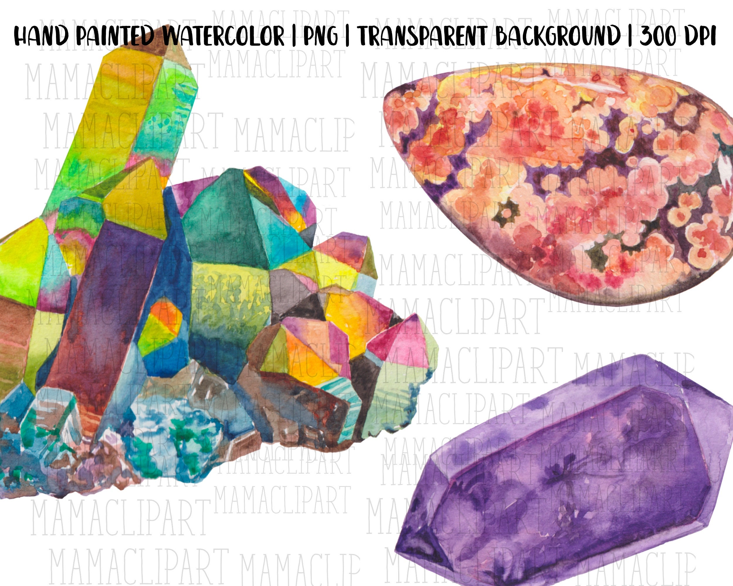 Crystals part 2 Watercolor Clipart COMMERCIAL 34 Gemstones Clip Art ...