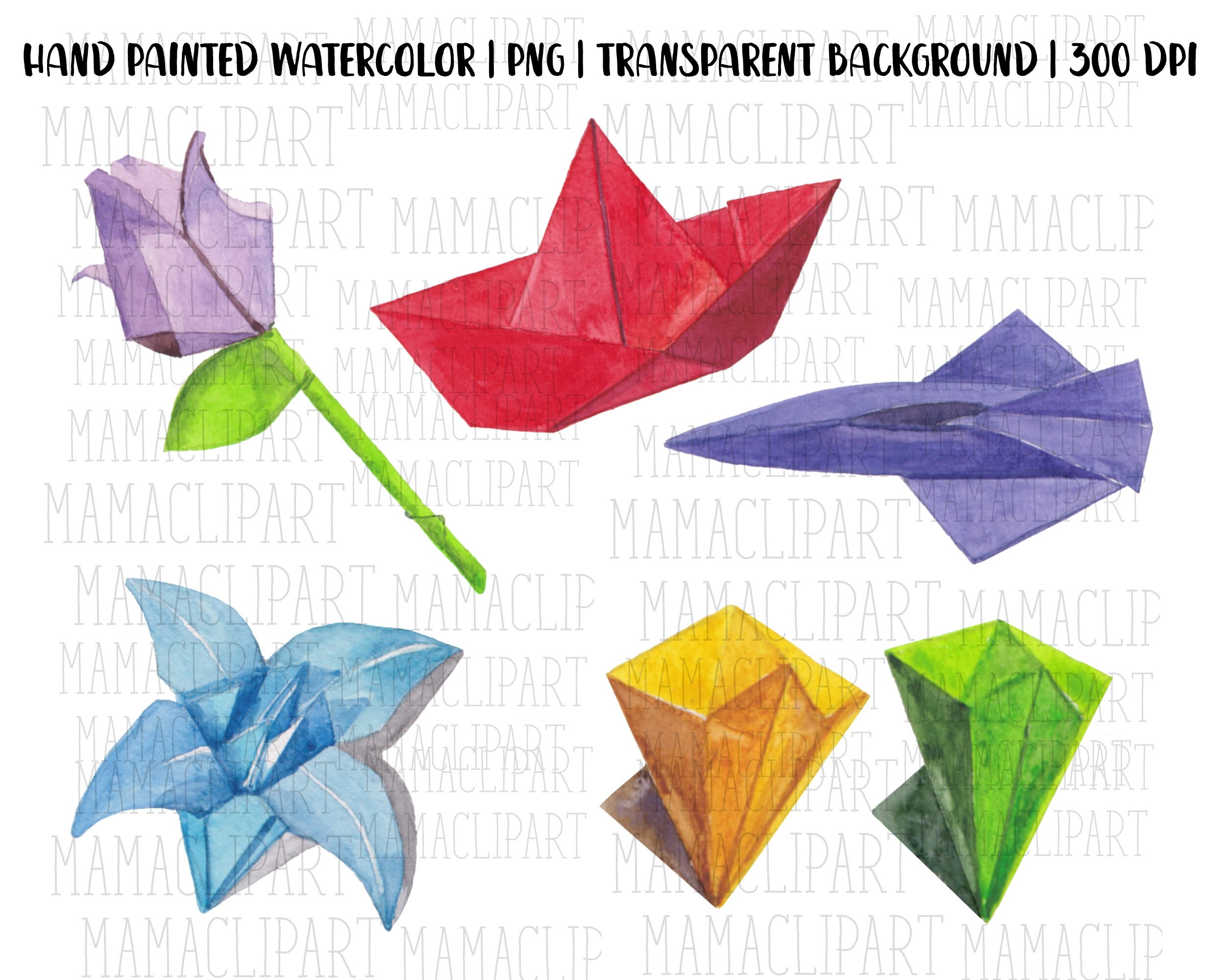 Origami Watercolor Clipart COMMERCIAL 32 Origami Clip Art Graphics PNG ...