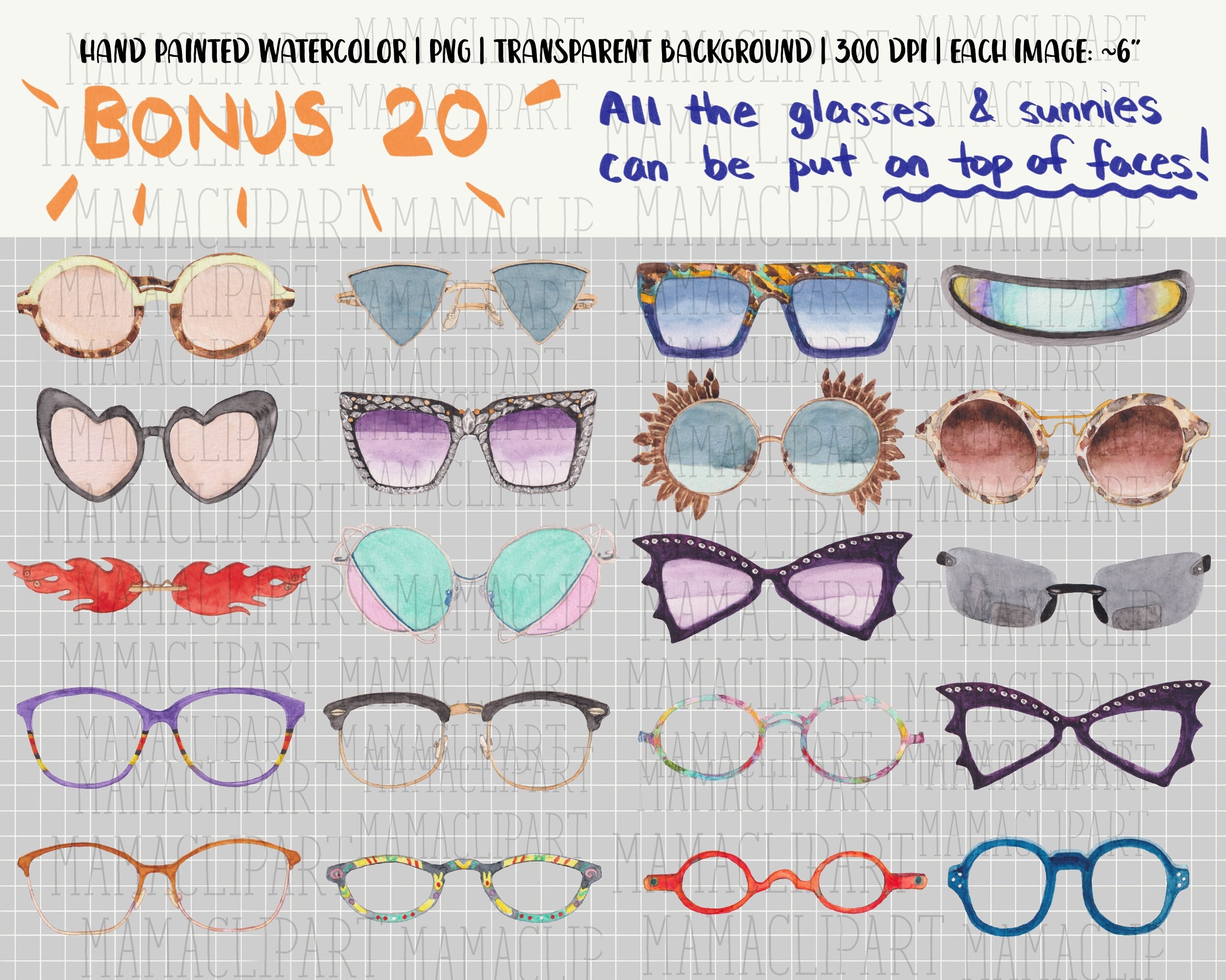 Glasses & Sunglasses Watercolor Clipart COMMERCIAL USE 20 | Etsy