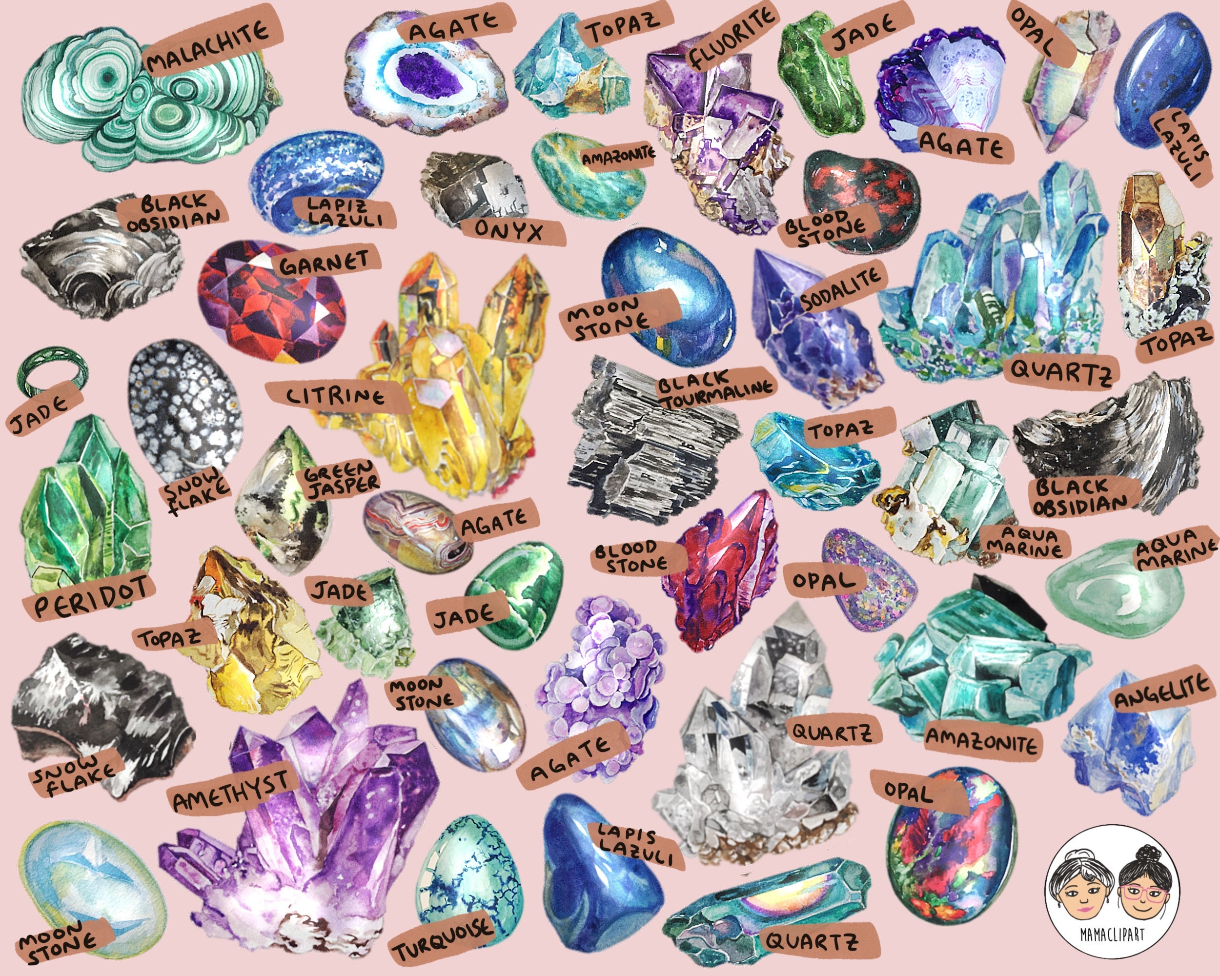 Crystals Watercolor Clipart COMMERCIAL 46 Gemstones Clip Art - Etsy