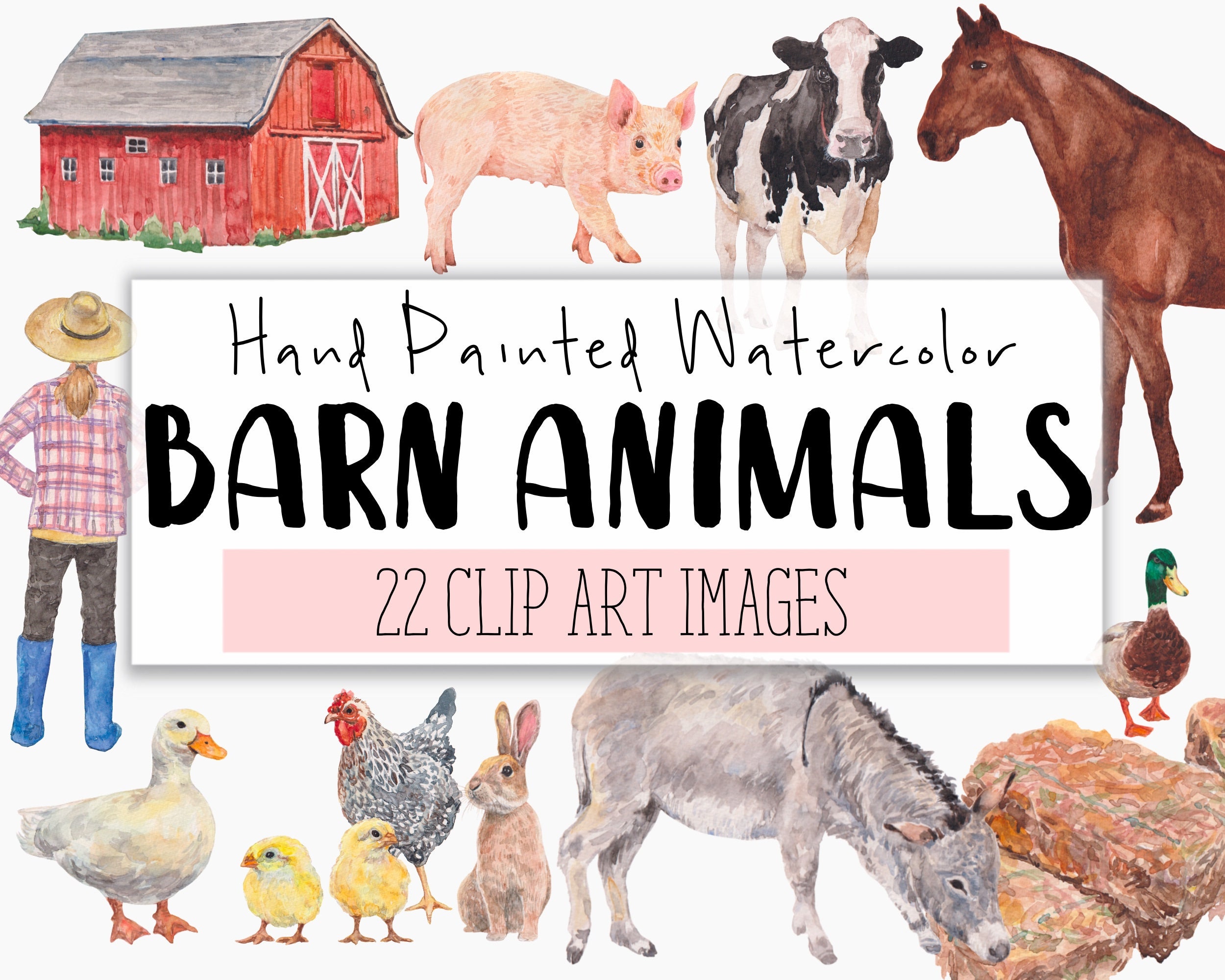 BARN ANIMALS Watercolor Clipart COMMERCIAL | 22 Farm Animals & Scene ...