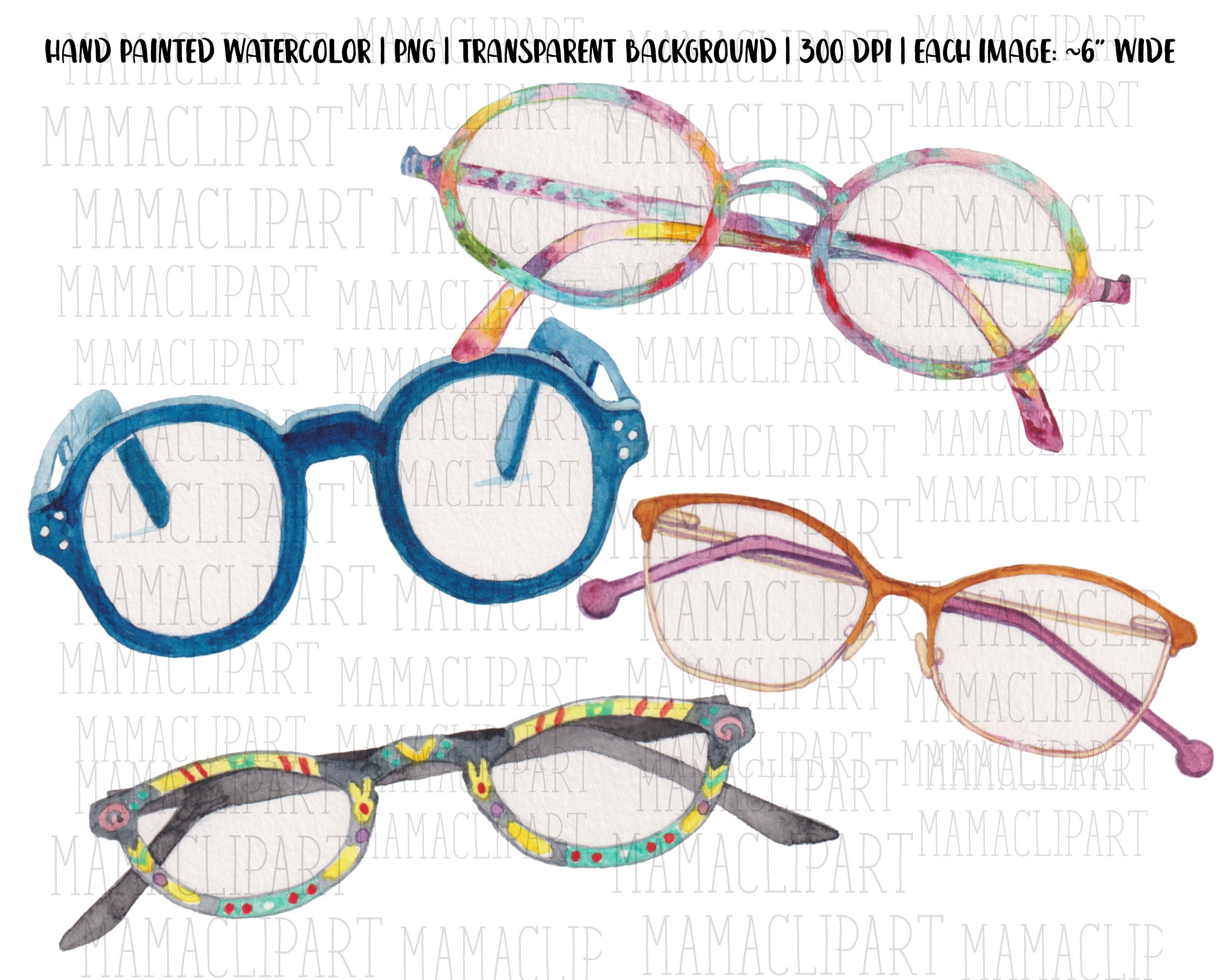 Glasses & Sunglasses Watercolor Clipart COMMERCIAL USE 20 | Etsy