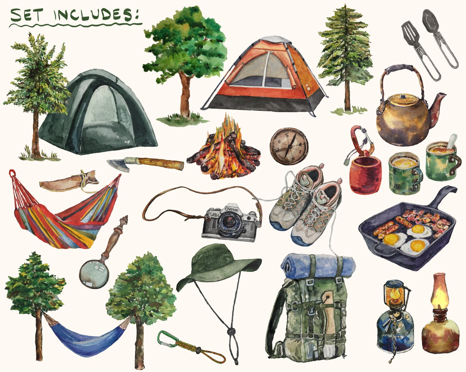 Camping Watercolor Clipart COMMERCIAL - 26 Camping Clip Art Images PNG ...