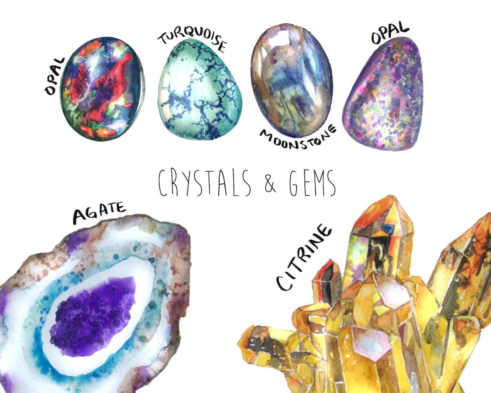 Crystals Watercolor Clipart COMMERCIAL 46 Gemstones Clip Art - Etsy