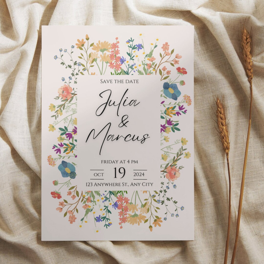 Cream Wedding Invitation With Wild Flowers and QR Code - Editable ...