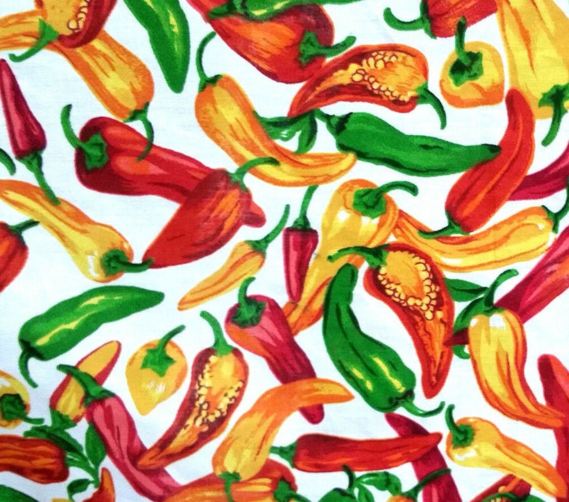 Chilli Pepper on White Poly Cotton Fabric 58" by the Yard Red Green ...