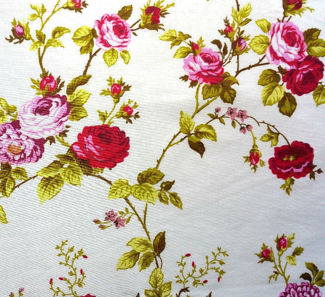 Classic Ruby Red Rose Floral Print Poly Cotton Fabric 58" by the Yard ...