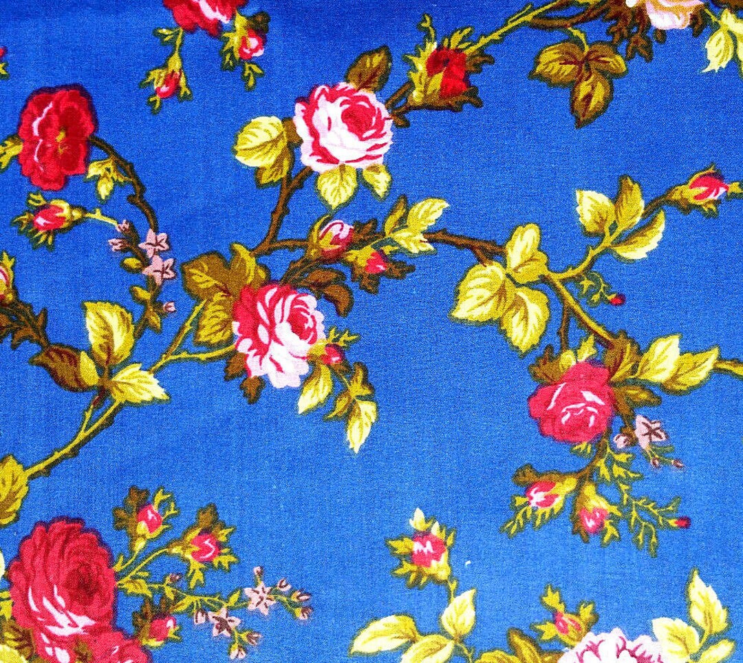 Classic Red Rose Floral Print Royal Blue Poly Cotton Fabric 58" by the ...