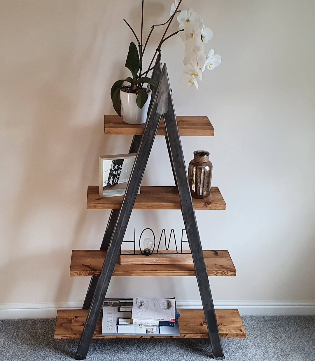 Industrial A-frame Bookshelf: Handmade Wood and Metal Ladder Display - Etsy
